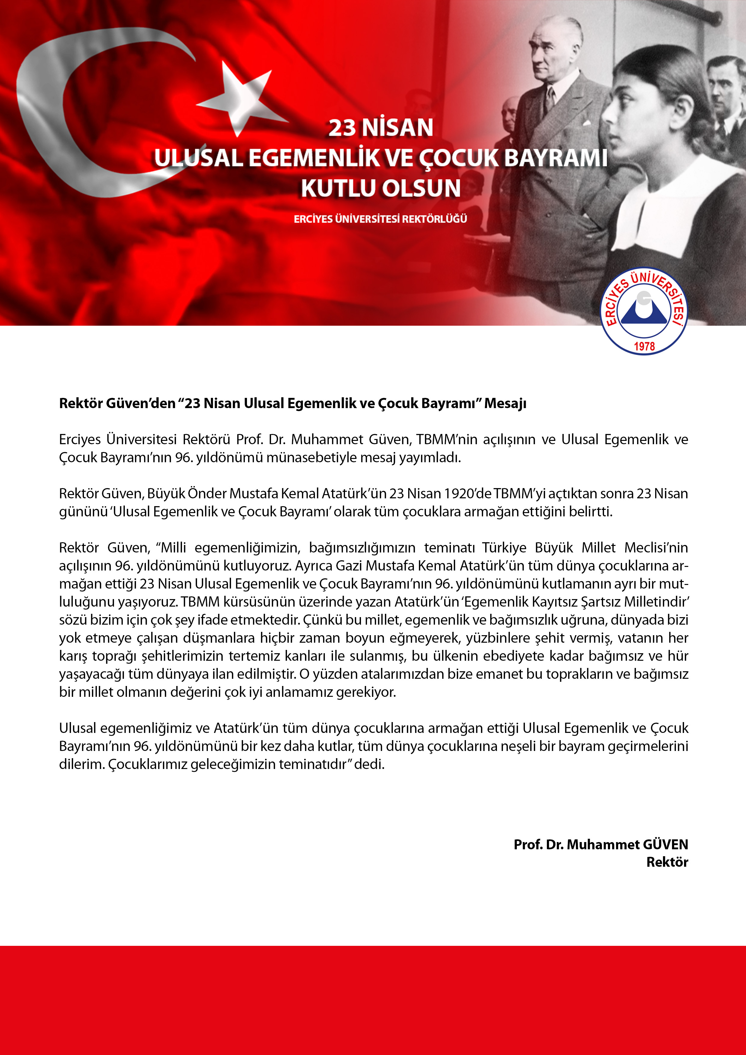 Rektör Prof. Dr. Muhammet Güven'in "23 Nisan Ulusal Egemenlik ve Çocuk